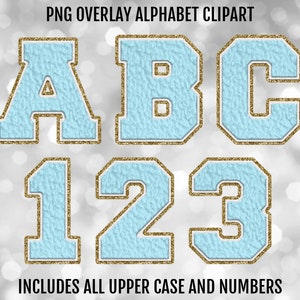 Pastel Blue and Gold Glitter Faux Chenille Varsity PNG Alphabet Letters ...
