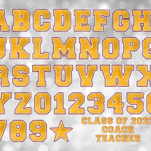 Maroon, Yellow, and White Varsity PNG Alphabet Letters and Numbers ...