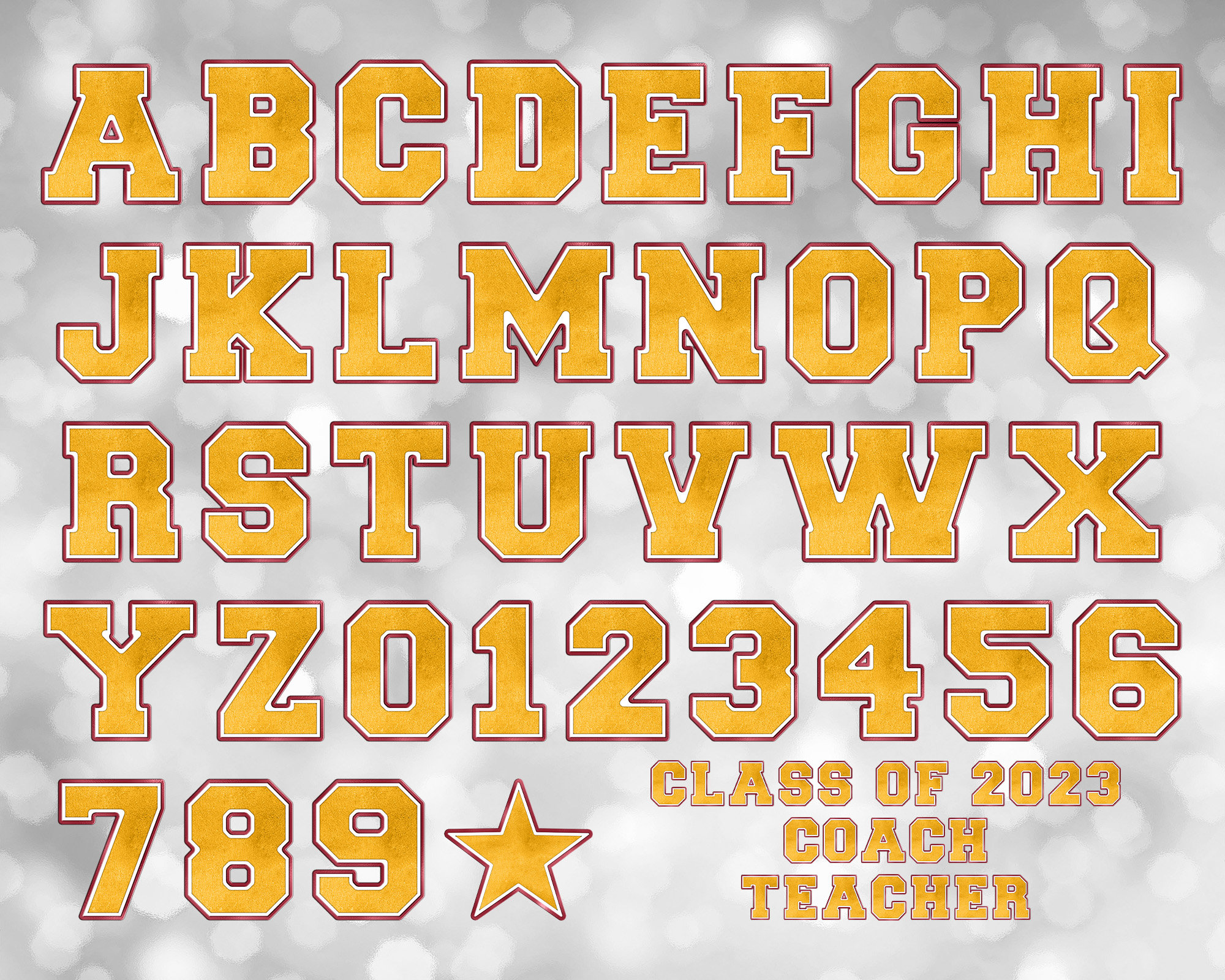 Maroon, Yellow, and White Varsity PNG Alphabet Letters and Numbers ...