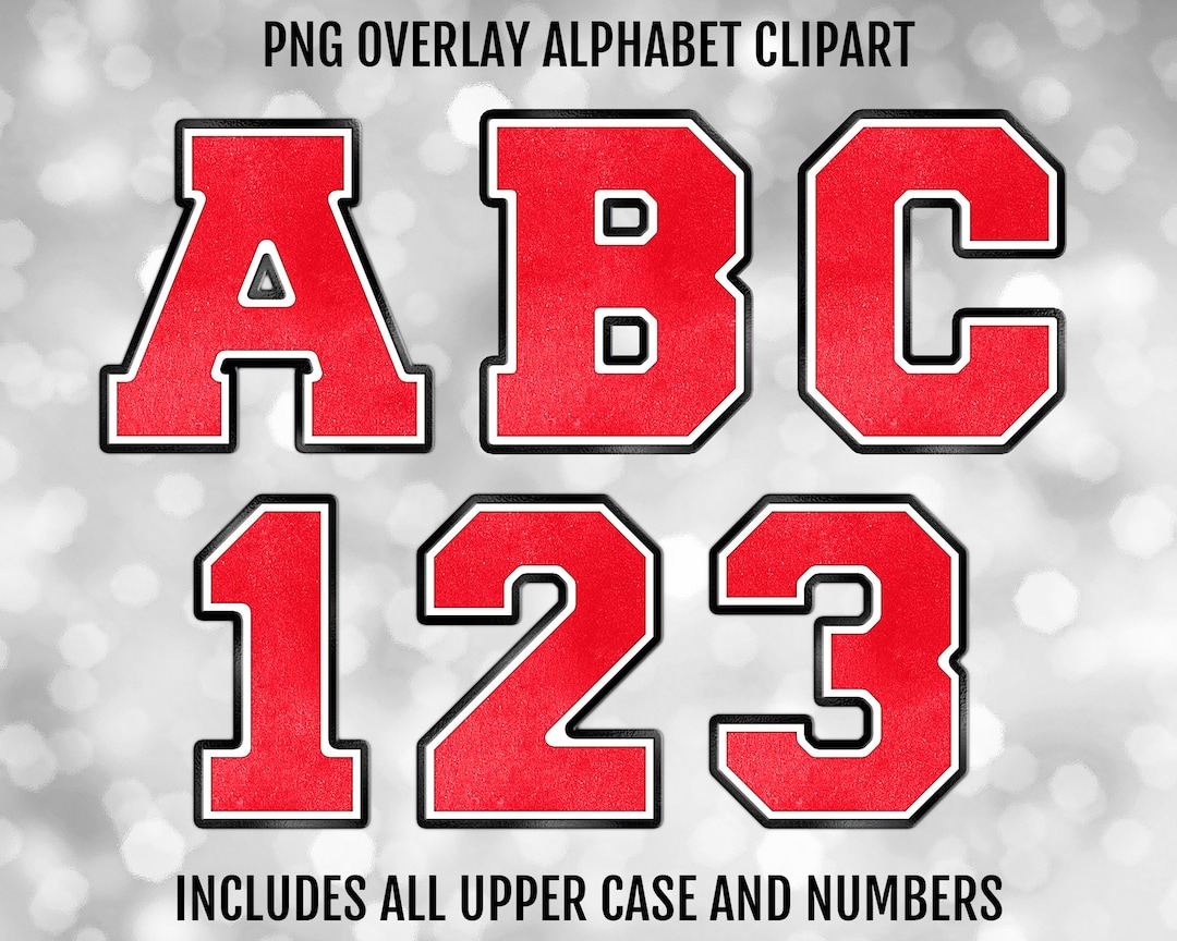 Red, Black, and White Varsity PNG Alphabet Letters and Numbers Bundle ...