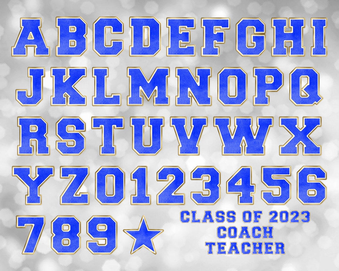 Blue, Gold, and White Varsity PNG Alphabet Letters and Numbers Bundle ...