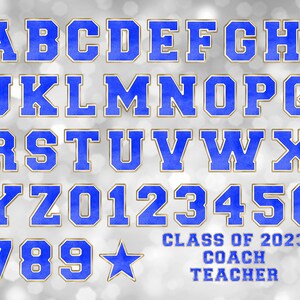 Blue, Gold, and White Varsity PNG Alphabet Letters and Numbers Bundle ...