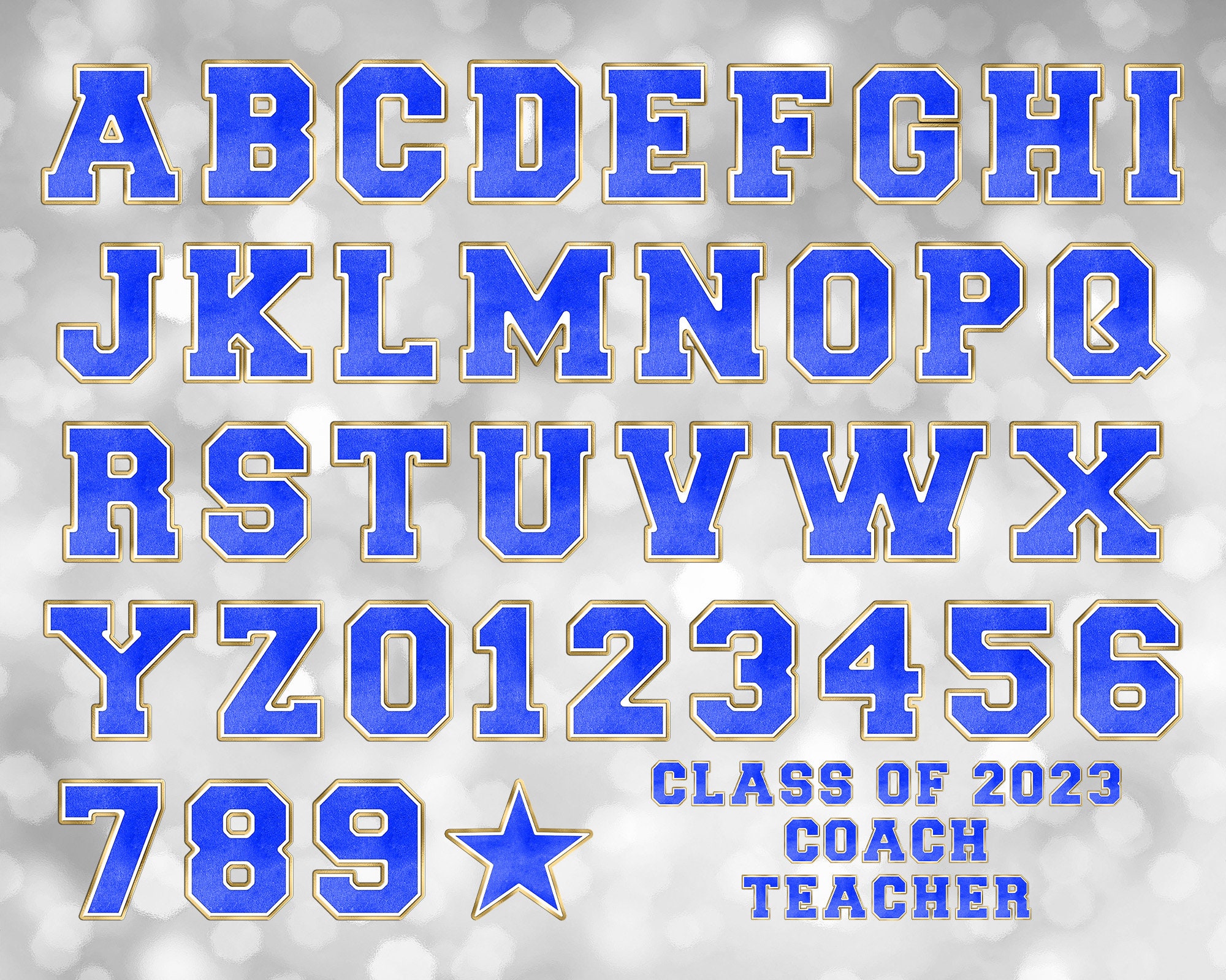 Blue, Gold, and White Varsity PNG Alphabet Letters and Numbers Bundle ...