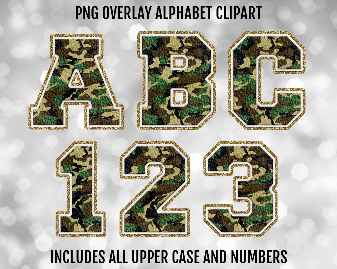 Green Camo and Gold Glitter Faux Chenille PNG Alphabet Letters and ...