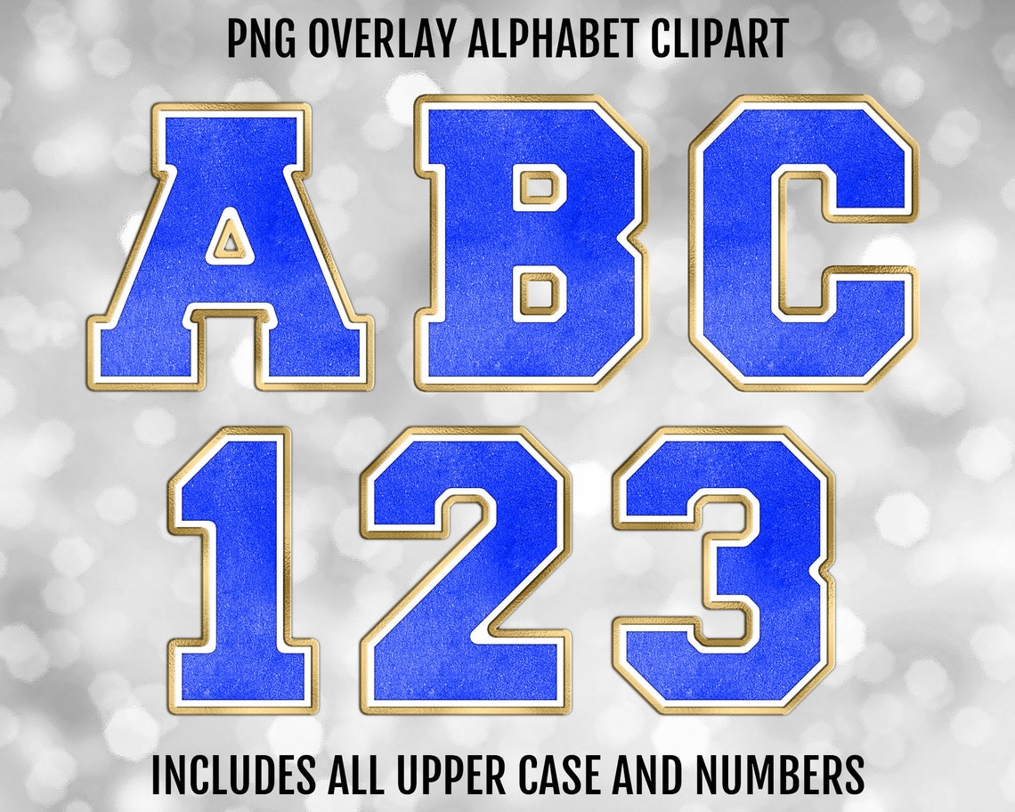 Blue, Gold, and White Varsity PNG Alphabet Letters and Numbers Bundle ...