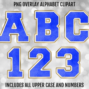 Blue, Gold, and White Varsity PNG Alphabet Letters and Numbers Bundle ...