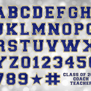 Blue Yellow and White Varsity PNG Alphabet Letters and Numbers Bundle ...