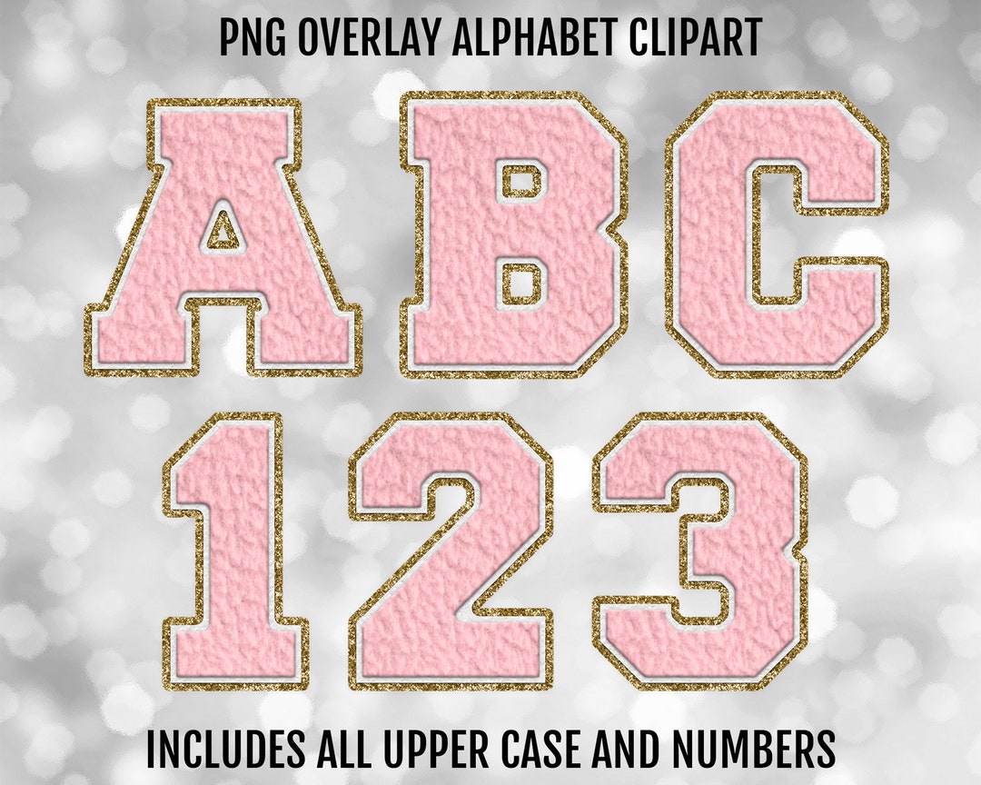 Pastel Pink and Gold Glitter Faux Chenille Varsity PNG Alphabet Letters ...