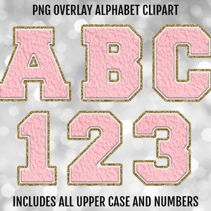 Pastel Pink and Gold Glitter Faux Chenille Varsity PNG Alphabet Letters ...