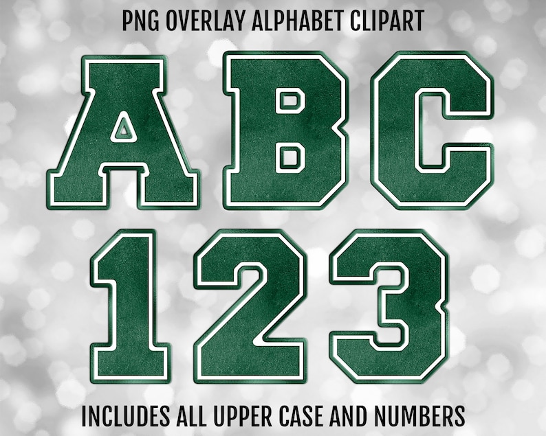 Green and White Varsity PNG Alphabet Letters and Numbers Bundle, PNG ...
