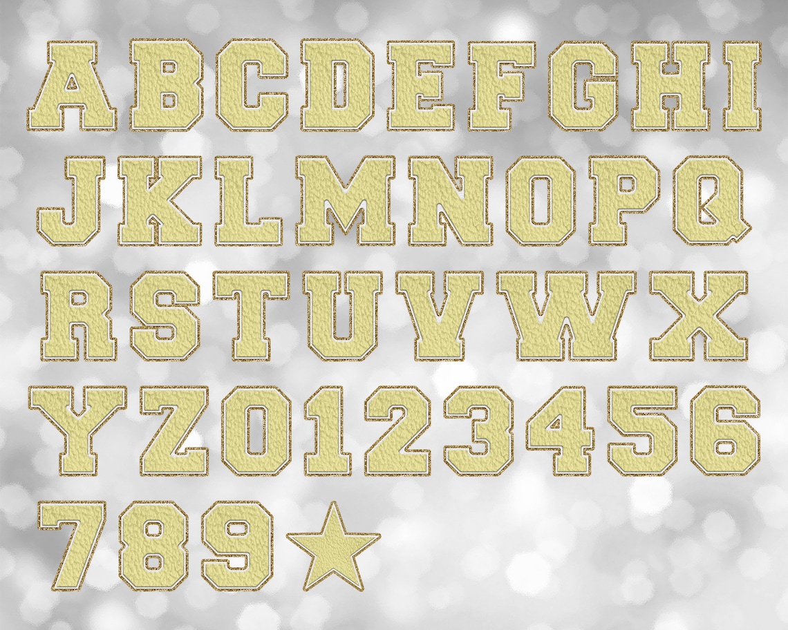 Pastel Yellow and Gold Glitter Faux Chenille Varsity PNG Alphabet ...