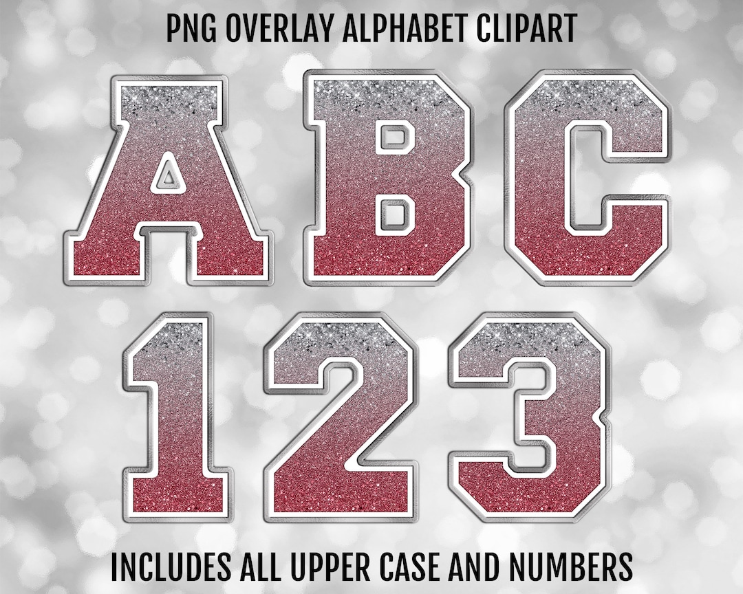 Maroon, Silver, and White Ombre Glitter Varsity PNG Alphabet Letters ...