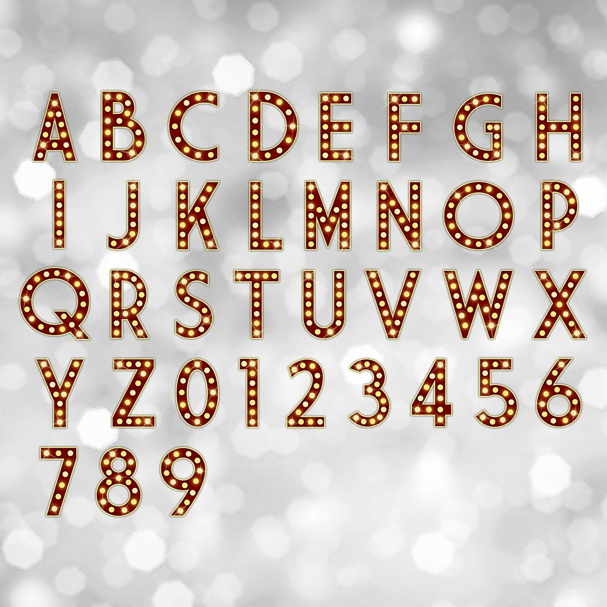 Red and Gold Marquee PNG Alphabet Letters and Numbers Bundle, Broadway ...