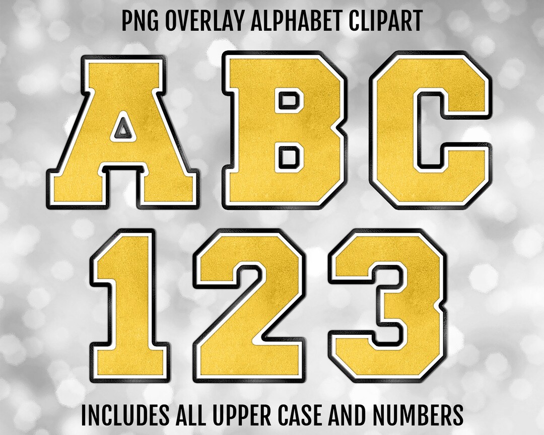 Yellow Gold, Black, and White Varsity PNG Alphabet Letters and Numbers ...