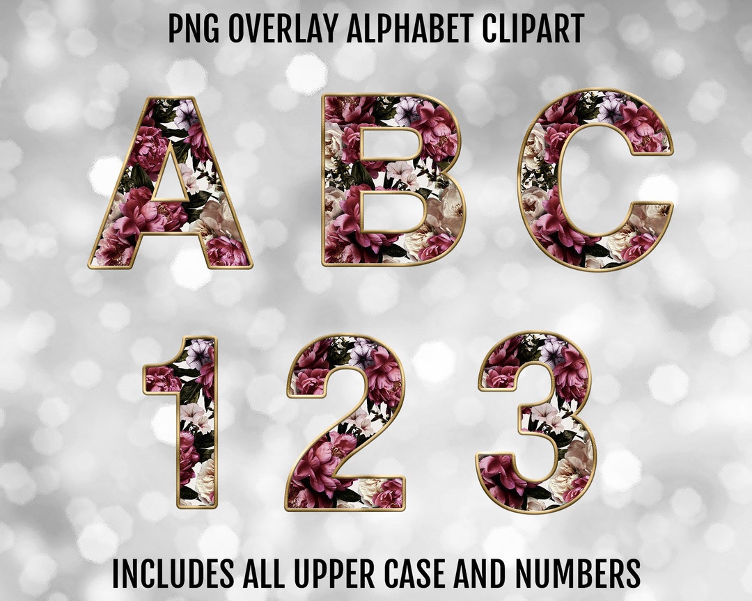 Dark Pink Floral PNG Alphabet Letters and Numbers Bundle, PNG ...