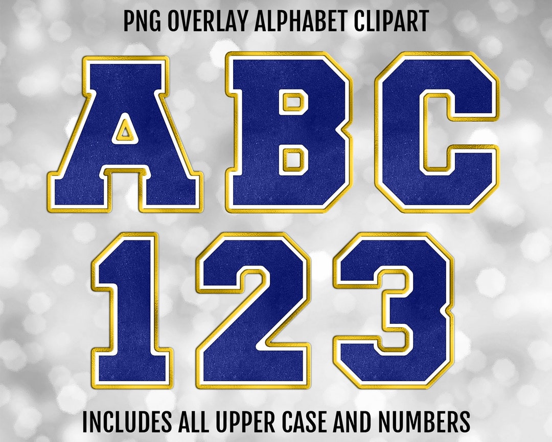 Blue Yellow and White Varsity PNG Alphabet Letters and Numbers Bundle ...