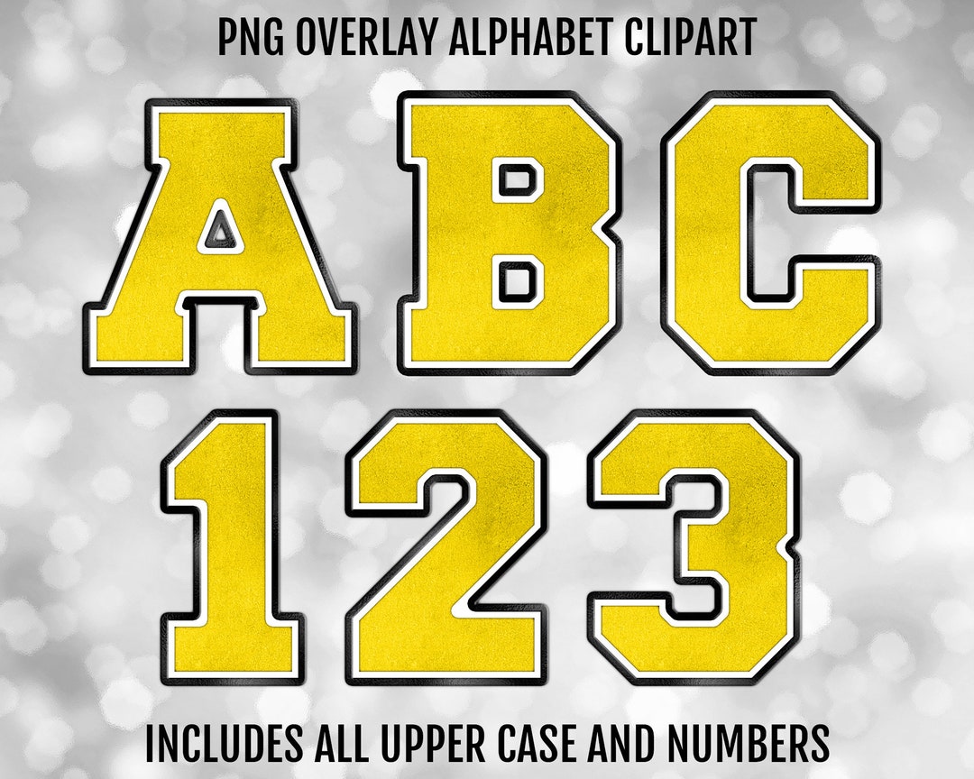 Yellow, Black, and White Varsity PNG Alphabet Letters and Numbers ...