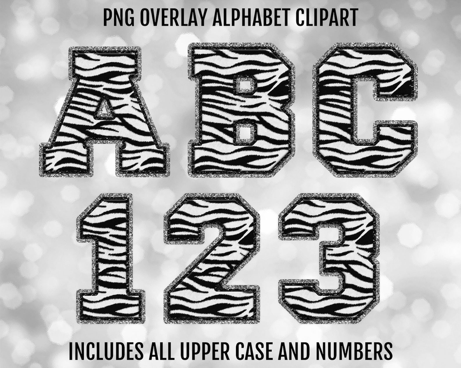 Zebra Print and Silver Glitter Faux Fur Chenille PNG Alphabet Letters ...
