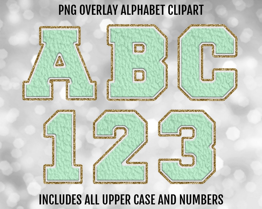 Pastel Green and Gold Glitter Faux Chenille Varsity PNG Alphabet ...