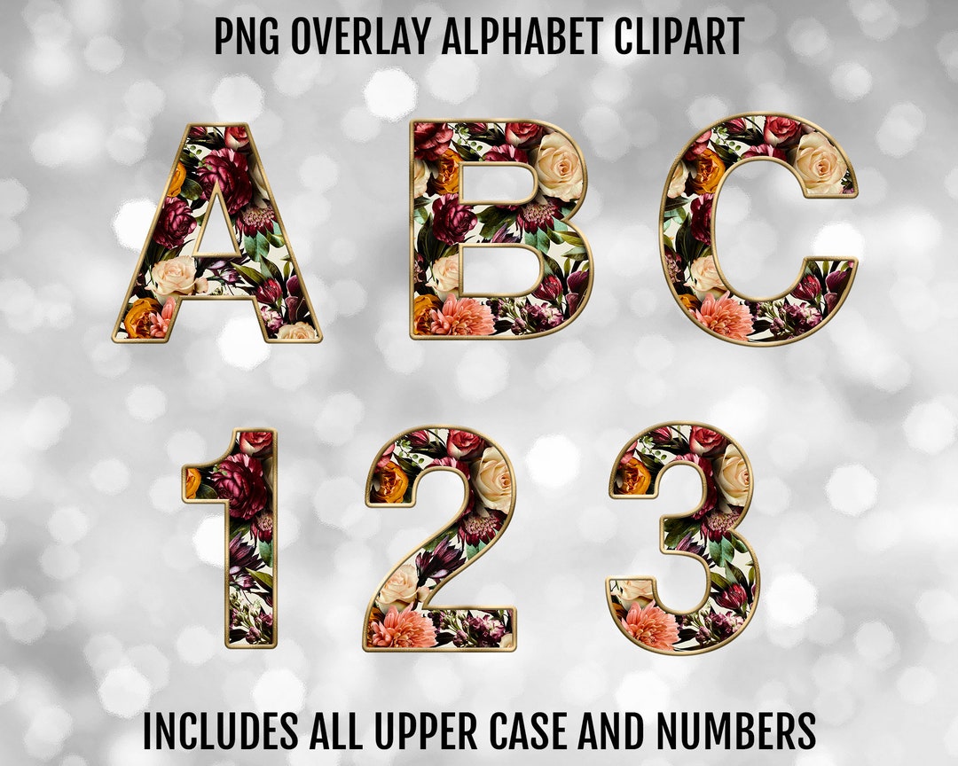 Dramatic Floral PNG Alphabet Letters and Numbers Bundle, Red, Pink ...