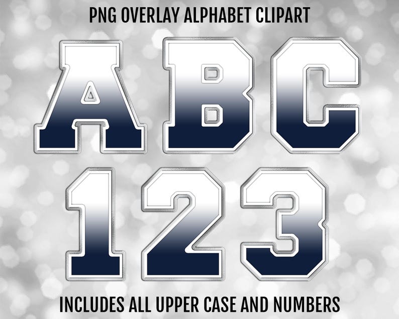 Navy Blue and White Ombre With Silver Varsity PNG Alphabet Letters and ...