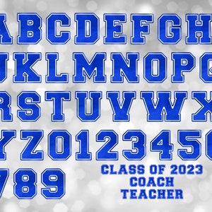 Blue and White Varsity PNG Alphabet Letters and Numbers Bundle, PNG ...
