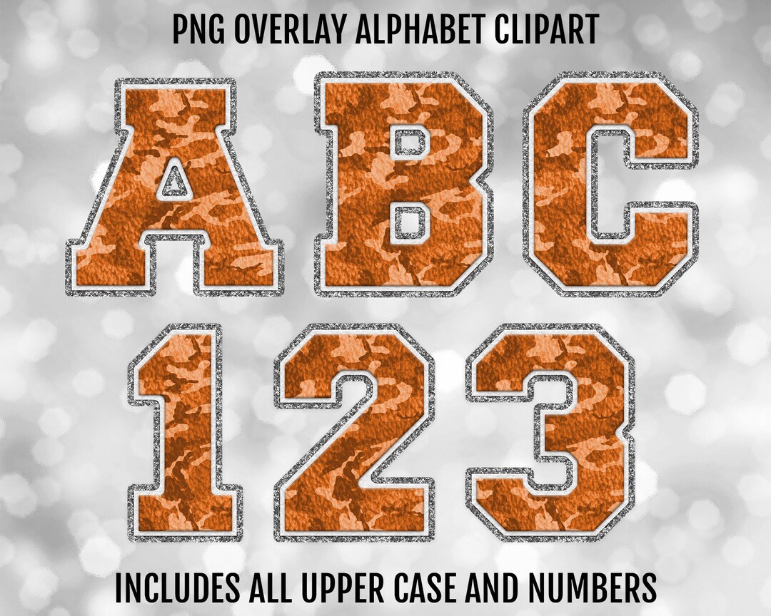 Orange Camo and Silver Glitter Faux Chenille PNG Alphabet Letters and ...