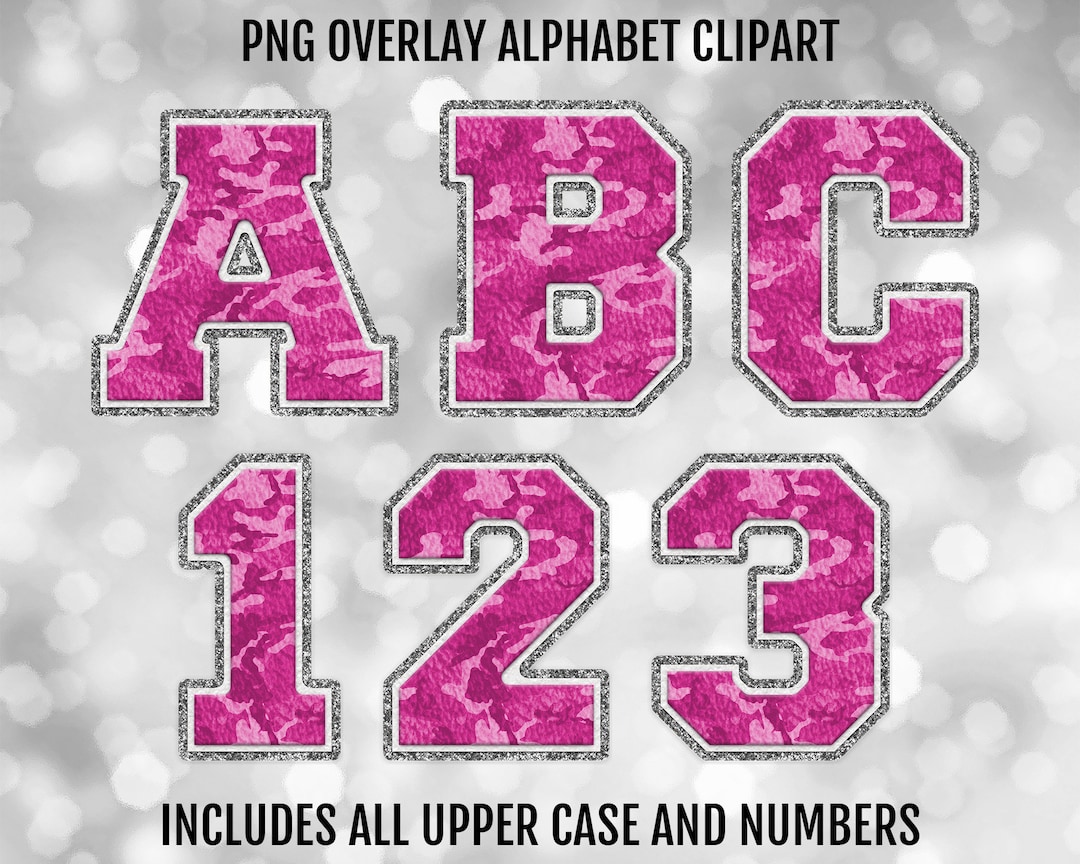 Pink Camo and Silver Glitter Faux Chenille PNG Alphabet Letters and ...