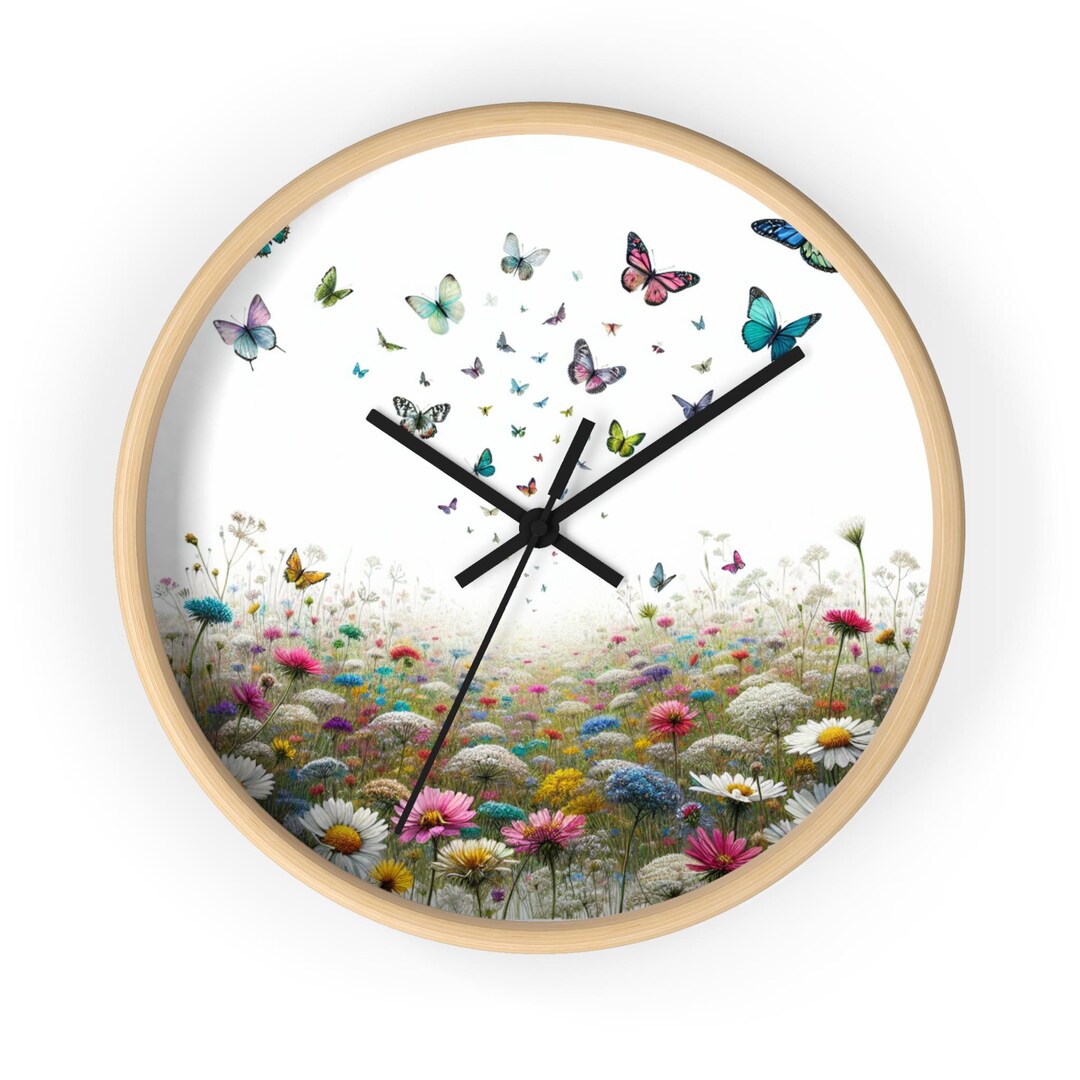 Butterfly Field Wall Clock, Colorful Wildflower Clock, Unique Artistic ...