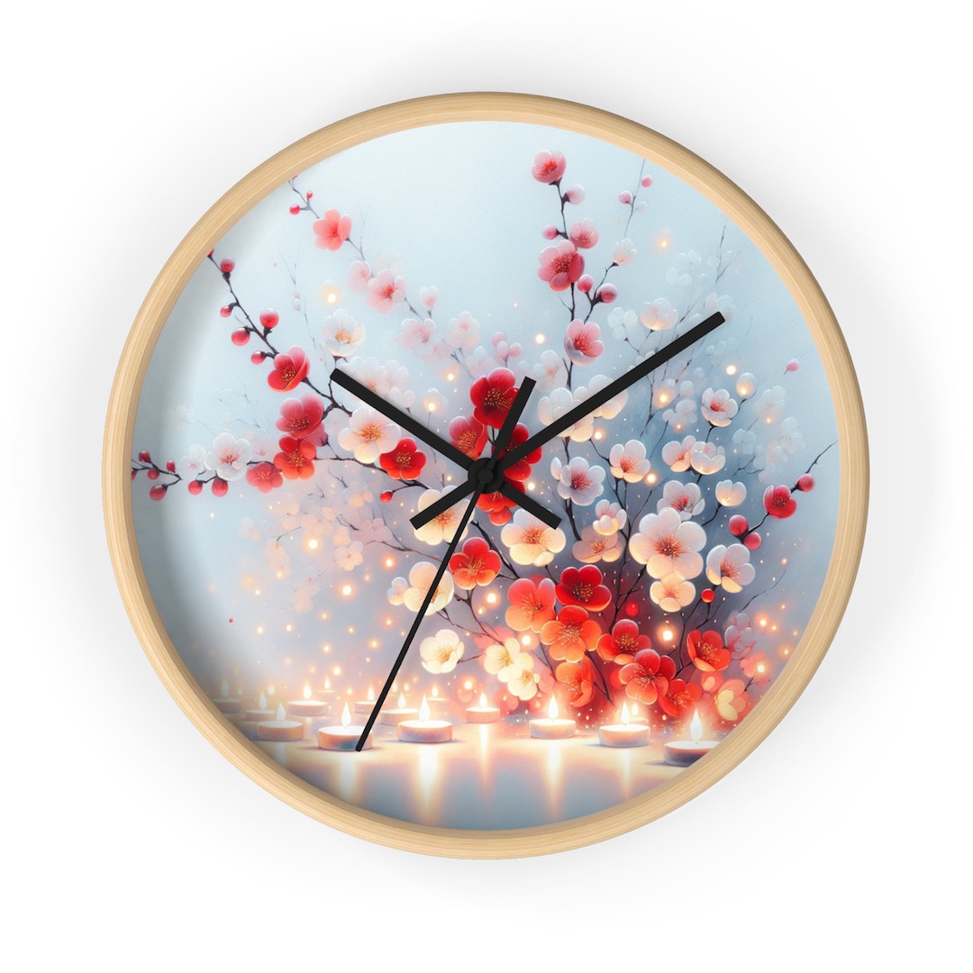 Cherry Blossom Wall Clock, Floral Home Decor, Red Flower Design, Unique ...