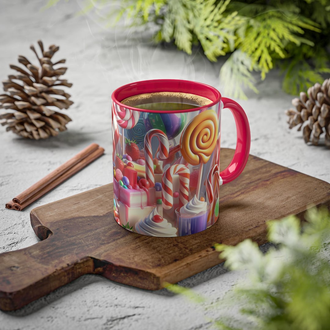 Mug, Sweet Party Candy and Jelly Fruit Design, Colorful Mug, Candy Cane ...