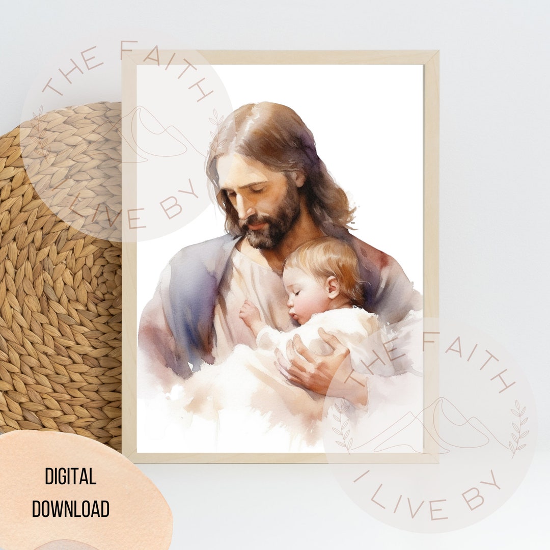 Jesus Hugging Little Baby Digital Neutral Watercolor Jesus and Children ...
