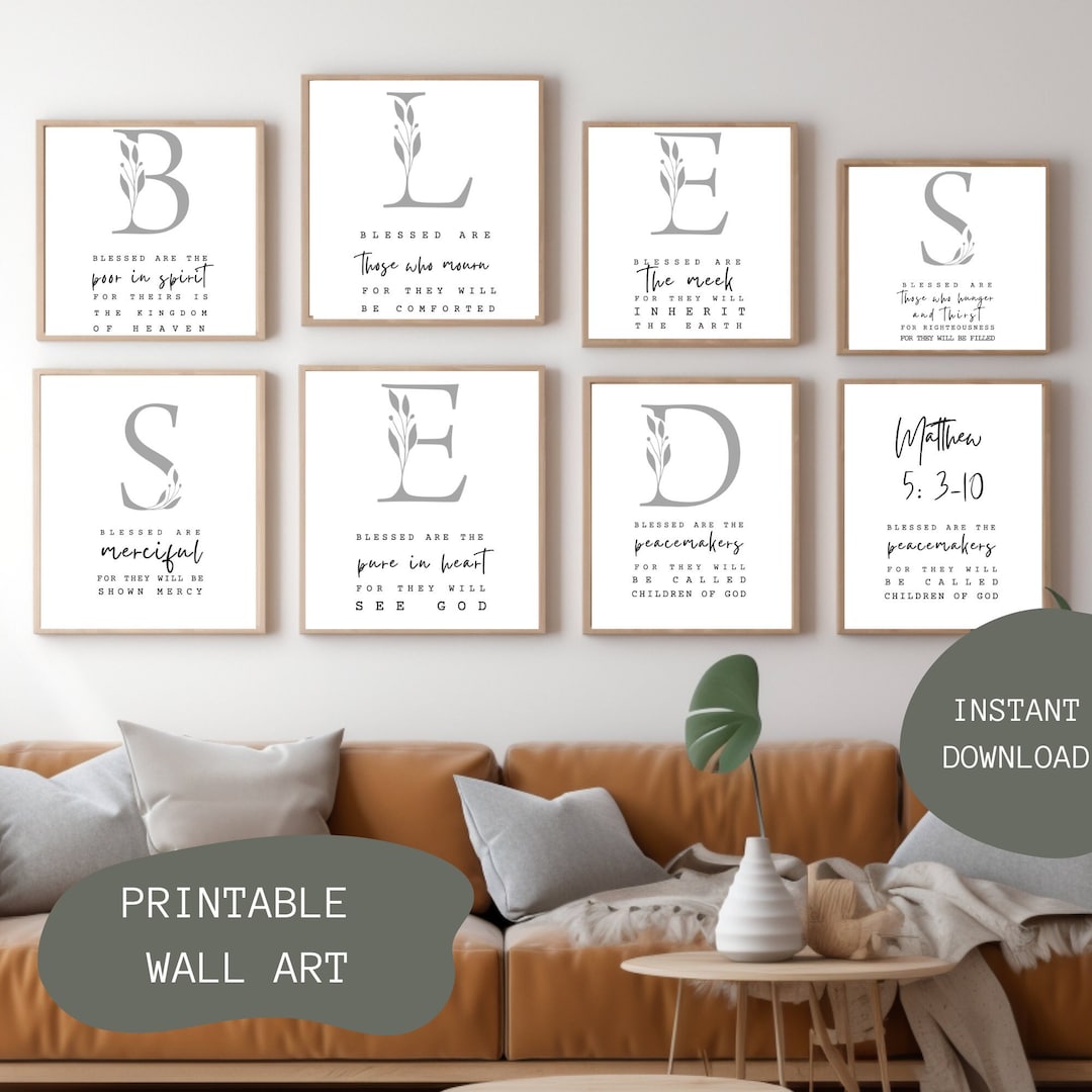 Set of 8 Beatitudes Wall Art, Matthew 5:3-10 Printable Bible Verse Wall ...