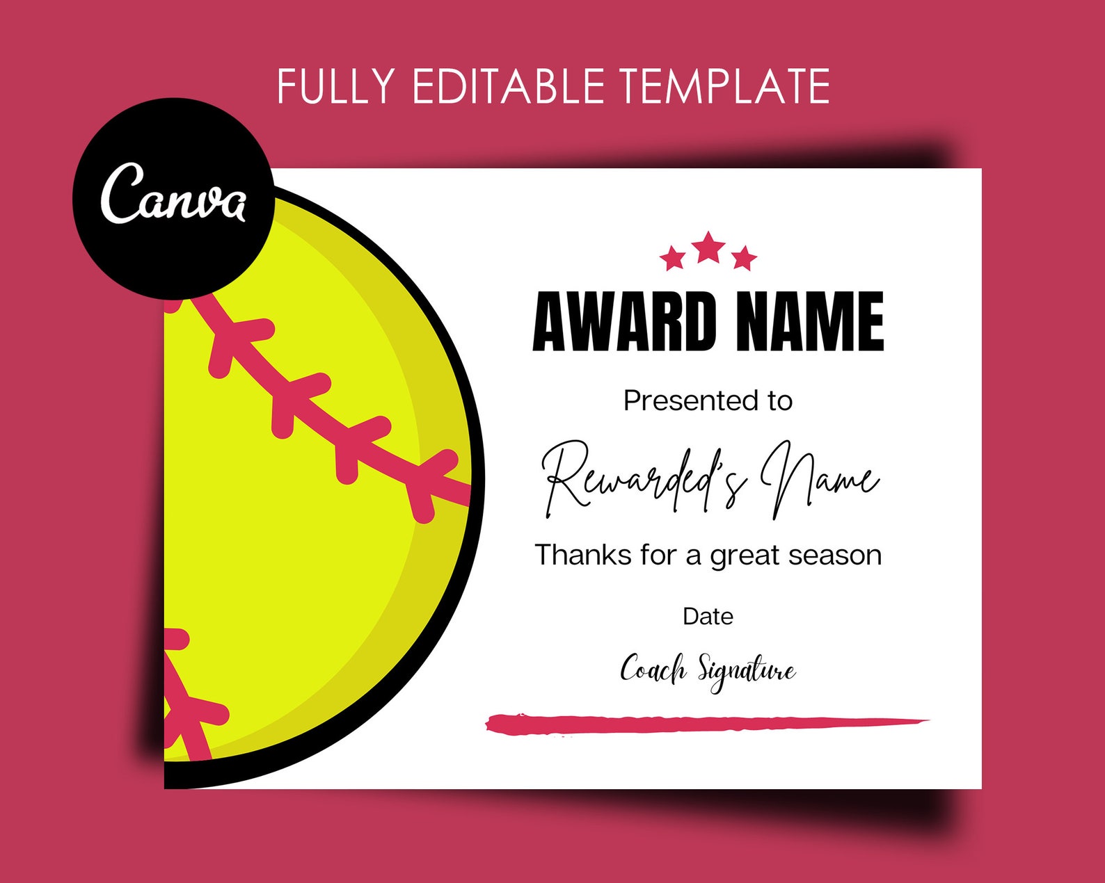 Softball Award Certificate Editable Canva Template, Printable End of ...