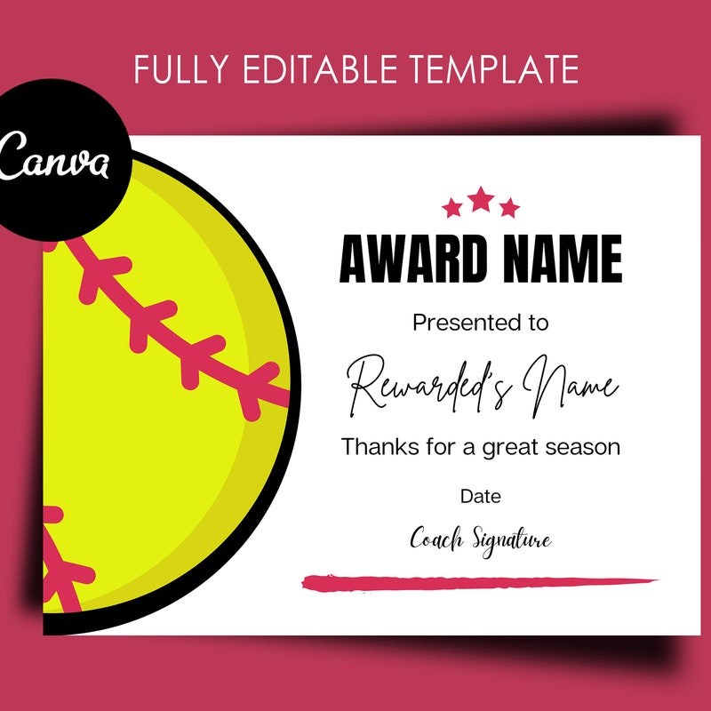 Softball Award Template - Etsy