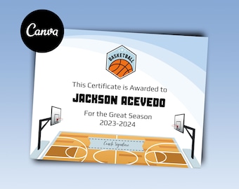 Editable Basketball Certificate Award Canva Template, Printable ...