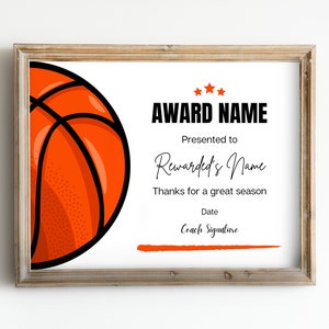 Basketball Award Certificate Editable Canva Template, Printable Award ...