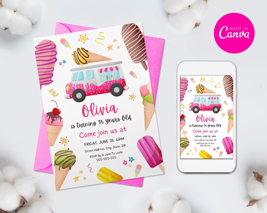 Ice Cream Truck Birthday Invitation Template, Kids Invite, Editable ...
