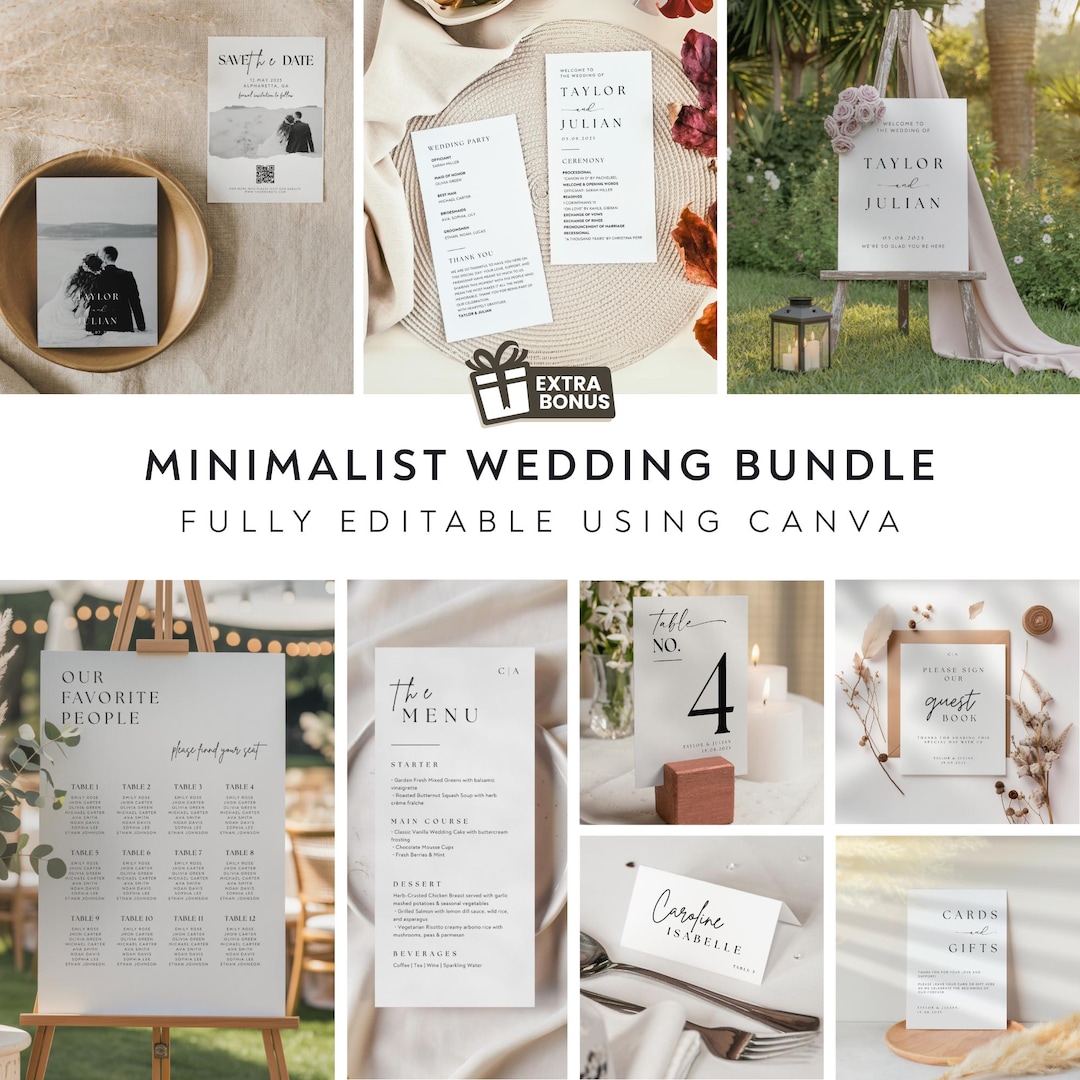 Minimalist Wedding Signage Bundle, Canva Editable Templates (digital ...