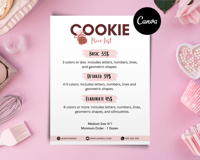 Cookie Business Price List Card, Canva Editable Template, Printable ...