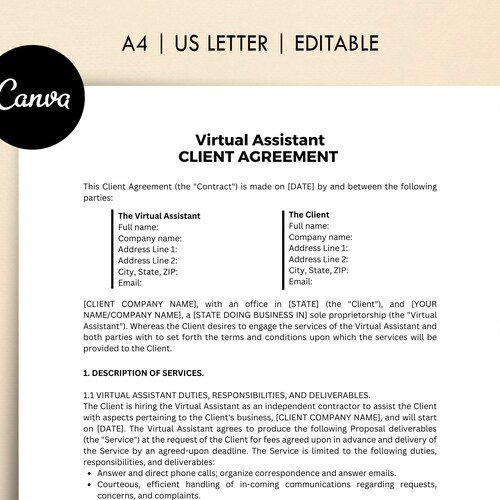 Virtual Assistant Client Agreement Template Virtual - Etsy Canada