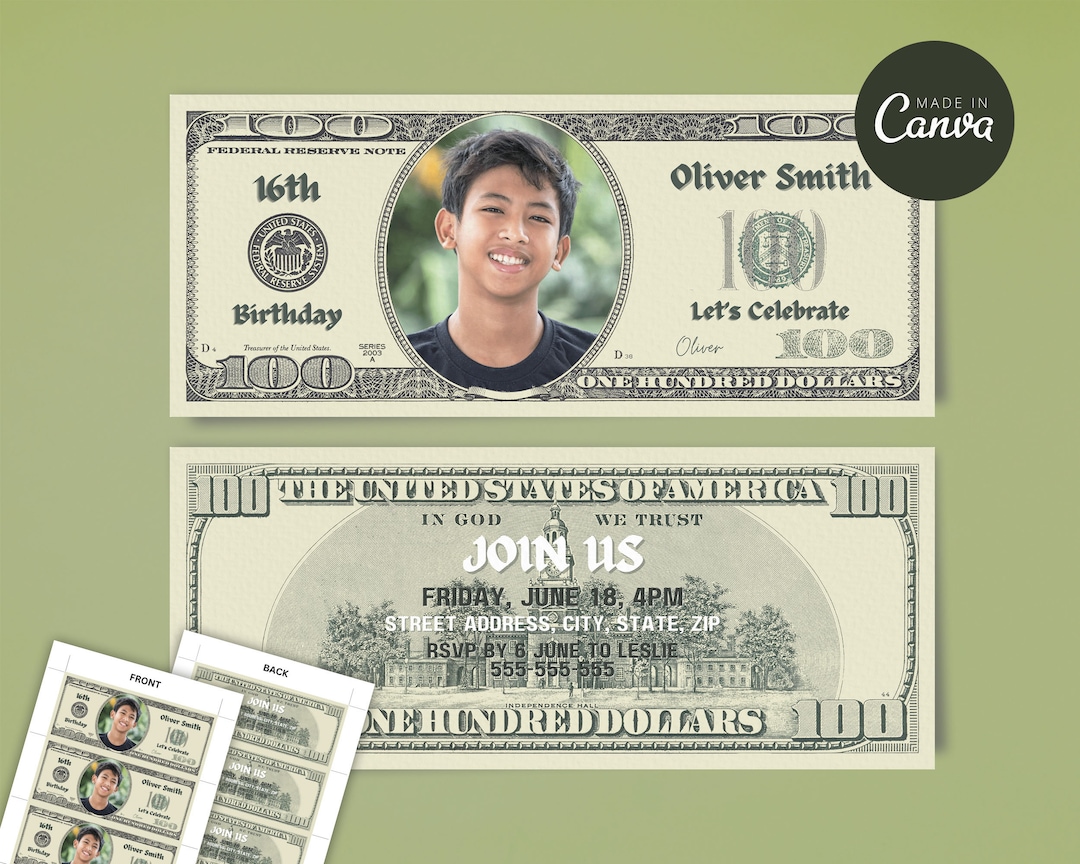 Custom Money Birthday Invitation 100 Dollar Bill, Printable Birthday ...