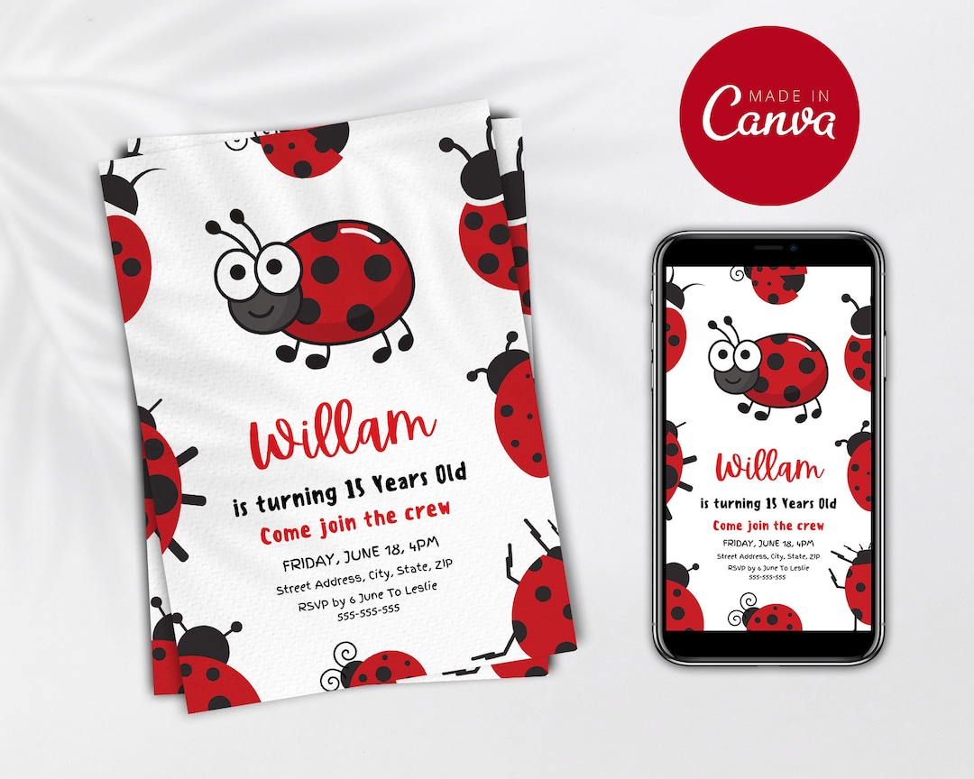 Ladybugs Birthday Invitation Template, Insect Nature Ladybird, Editable ...