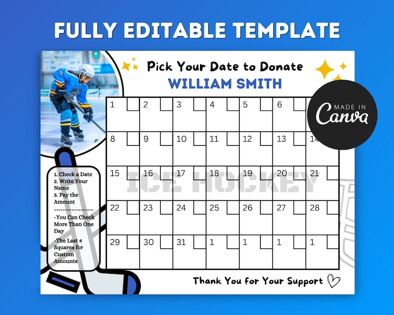 Ice Hockey Pick a Date to Donate Fundraiser Calendar, Editable Canva ...