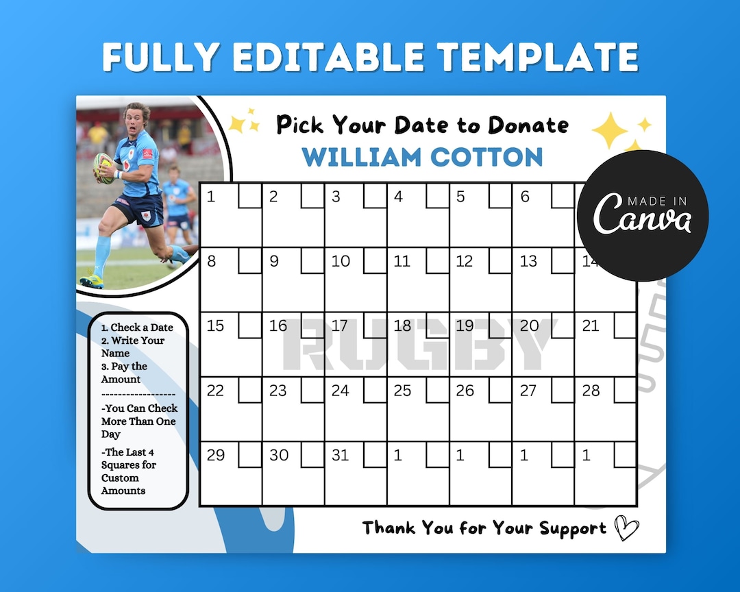 Rugby Pick a Date to Donate Fundraiser Calendar, Editable Canva ...
