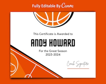 Editable Basketball Certificate Award Canva Template, Printable ...