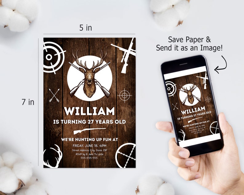 Hunting Birthday Invitation Template, Deer Hunt Party Invite, Editable ...