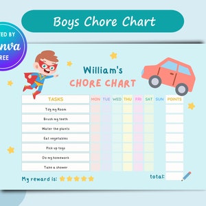 Editable Chore Chart for Boys Kids Chore Chart Canva - Etsy