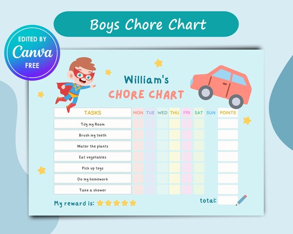 Editable Chore Chart for Boys Kids Chore Chart Canva - Etsy