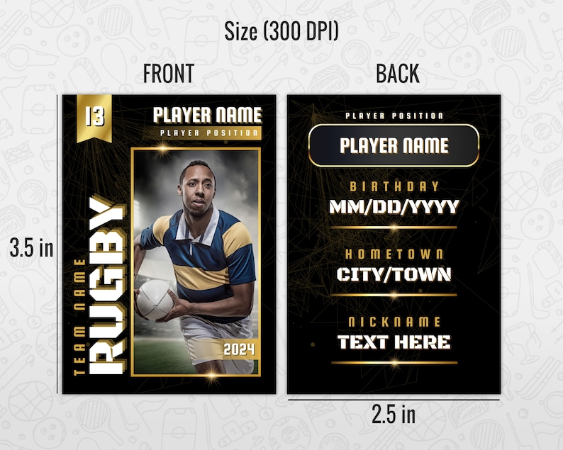 Rugby Card Template, DIY Golden Sport Cards Printable, Customizable ...